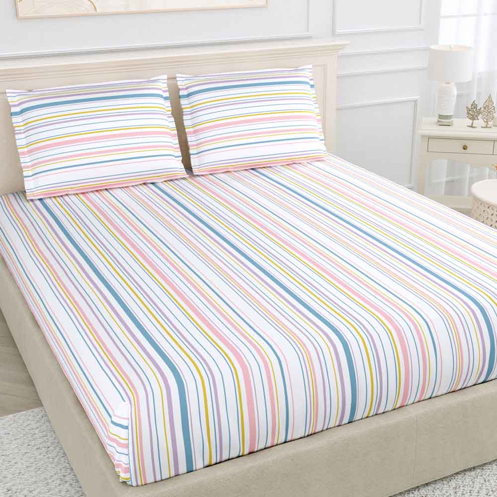 Magical Stripes 100% Cotton King Size Bedsheet, 186 TC, Blue and Yello ...